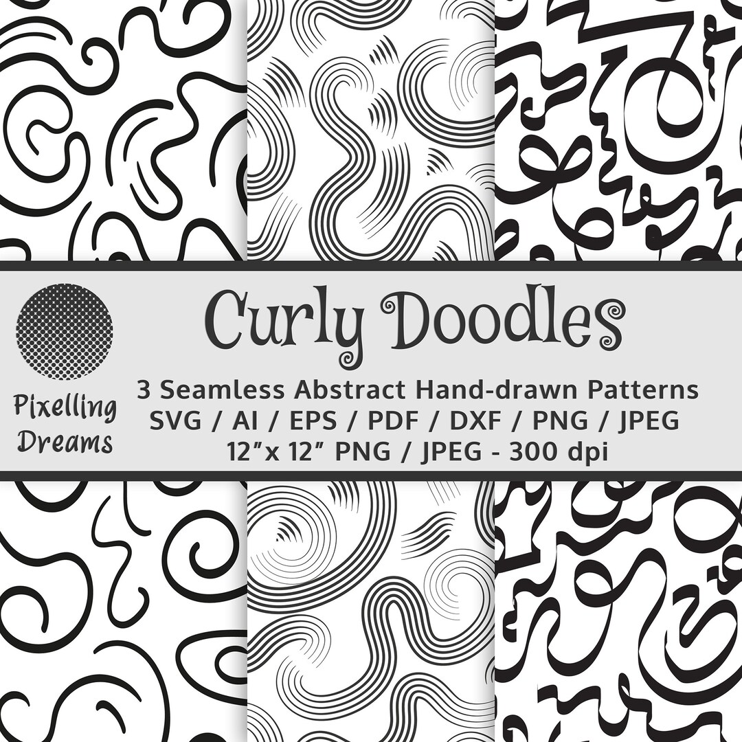 Curly Doodles SVG Bundle, Seamless Abstract Hand-drawn Patterns ...