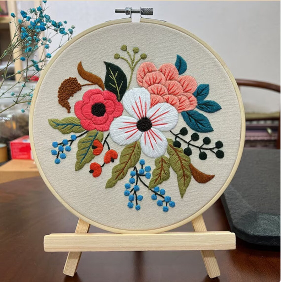 Floral Embroidery Kit- DIY Flower Bouquet Bloom Embroidery Kit for ...