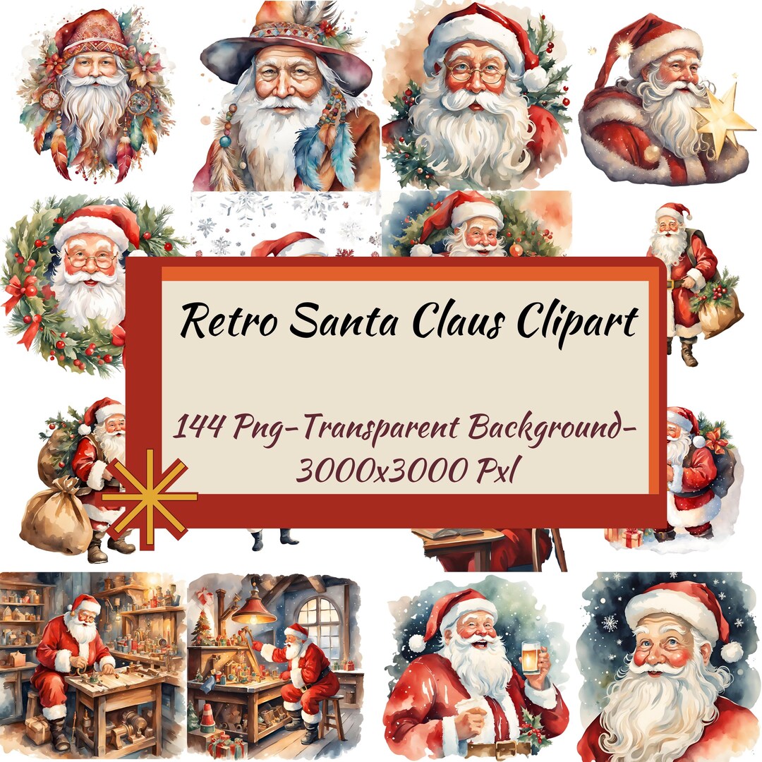 144 Retro Santa Claus Clipart Vintage Christmas PNG Watercolor Santa ...