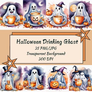 35 Halloween Drinking Ghost Clipart Set High-resolution PNG JPEG With ...