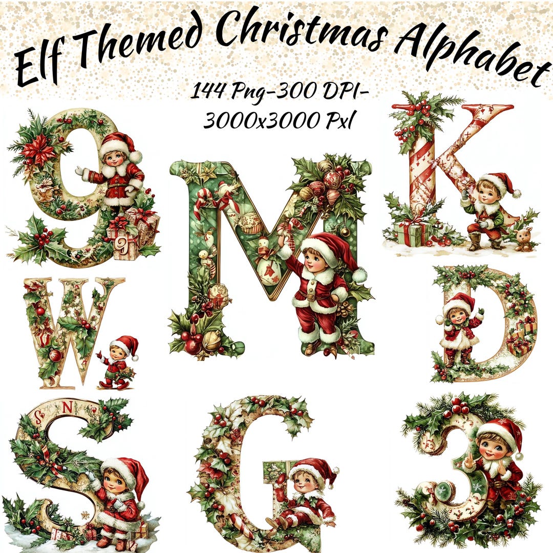 Elf Themed Christmas Font Set,alphabet and Numbers Bundle,144 PNG Files ...