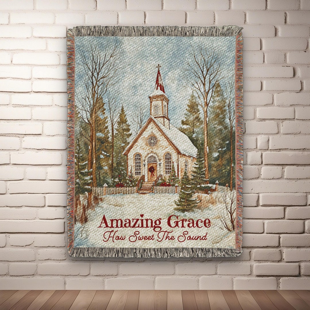 Woven Blanket Winter Scene Cozy Throw, Amazing Grace, Holiday Gift ...