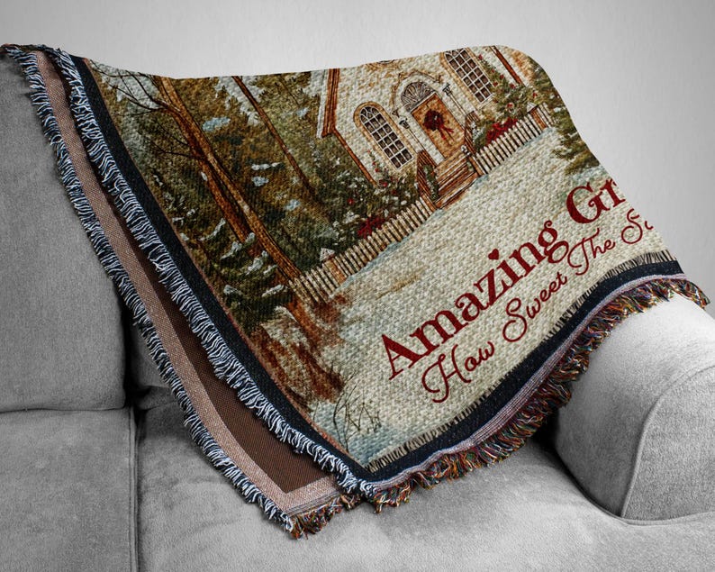 Woven Blanket Winter Scene Cozy Throw, Amazing Grace, Holiday Gift ...