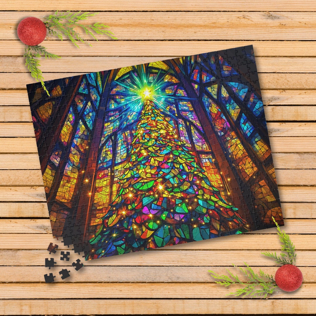 Stained Glass Style Puzzle, Christmas Tree Jigsaw, Holiday Gift, Glossy ...