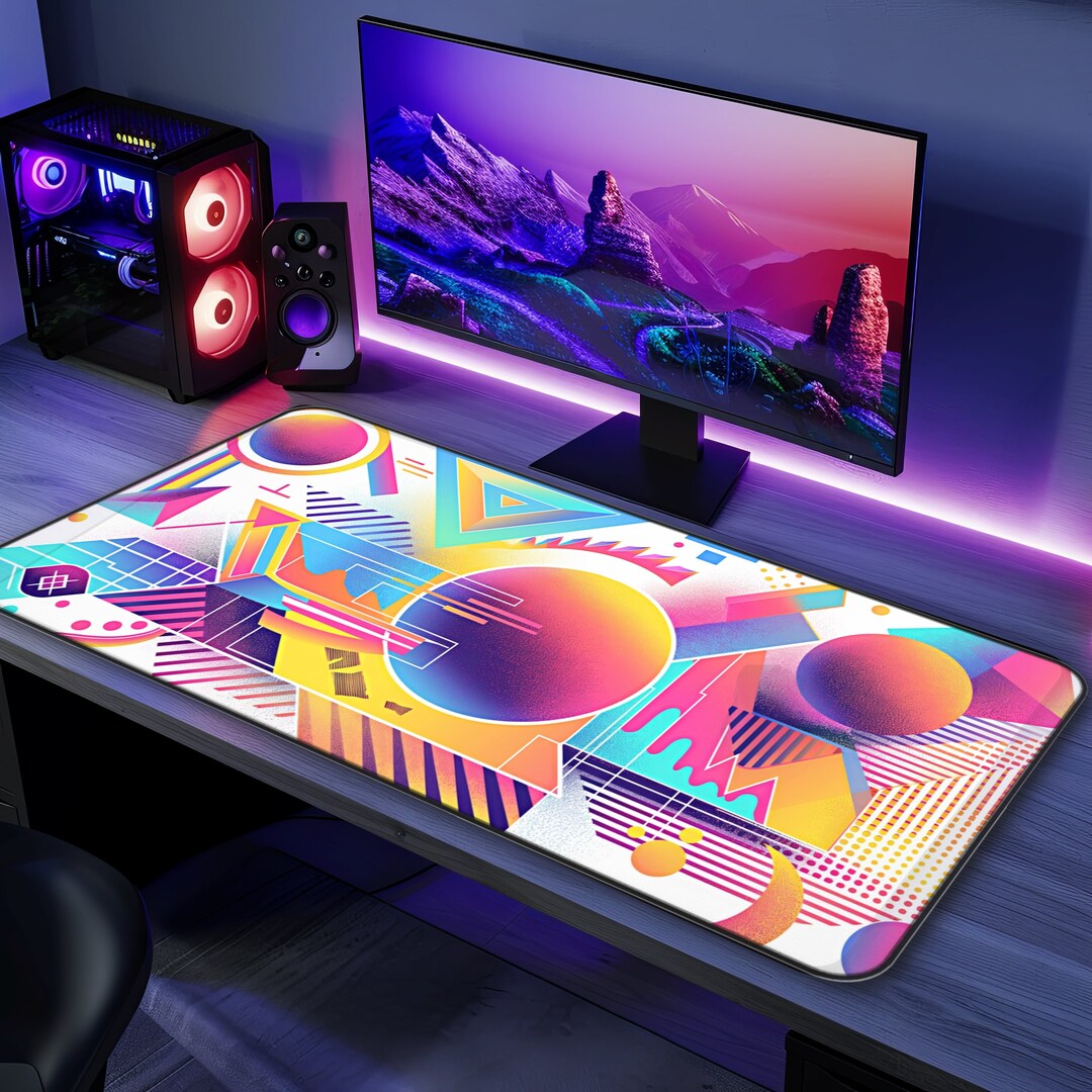 Retro Neon Vaporwave Desk Mat Geometric Pattern on White, 1980s ...