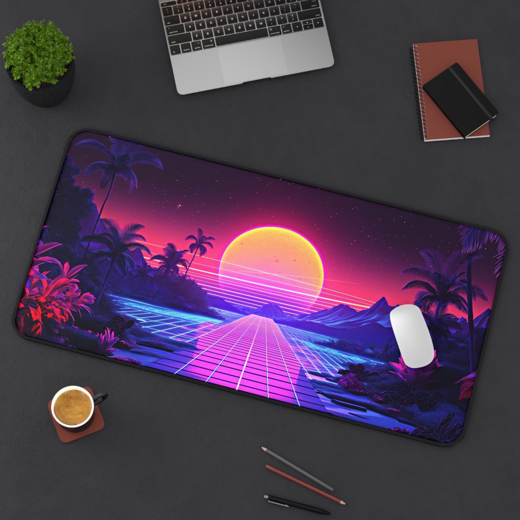 Neon Synthwave Desk Mat, 1980s Retro Vibrant Vaporwave Gaming Extended ...