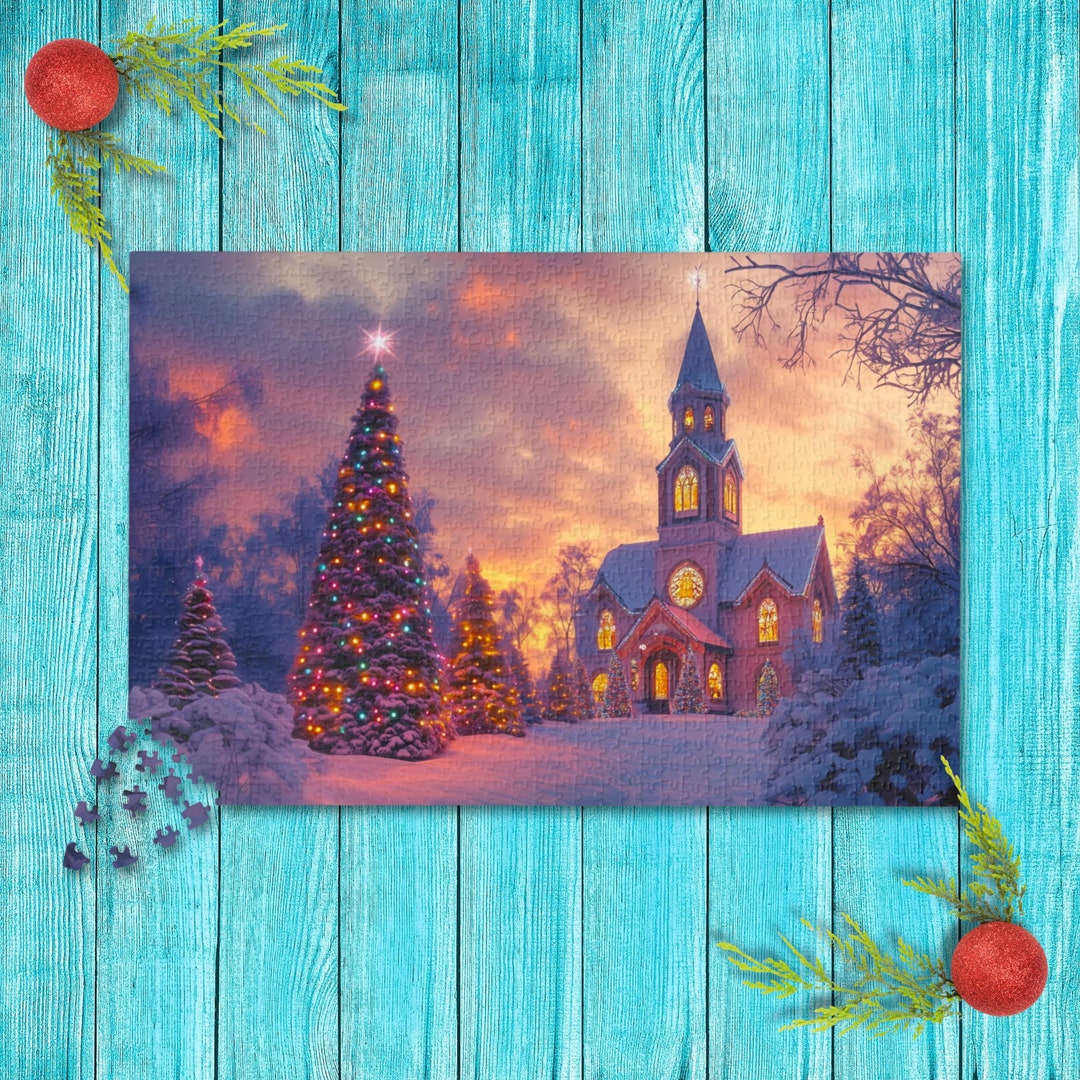 Puzzle Christmas Church Jigsaw, Winter Snow Holiday Gift, Glossy Finish ...
