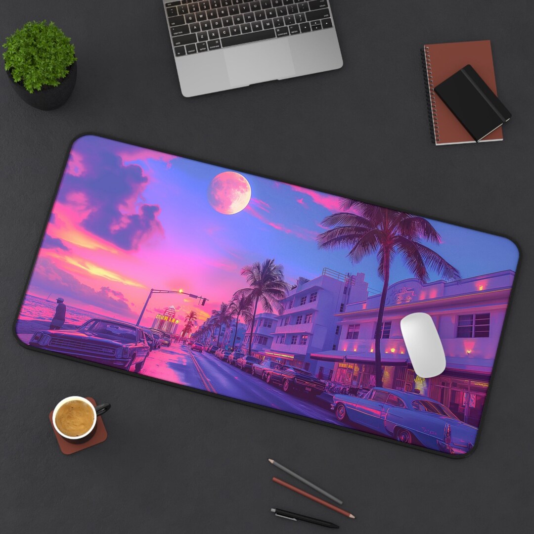 Vaporwave Neon Desk Mat: Moonlit Miami 80's Synthwave XL Gaming Mouse ...
