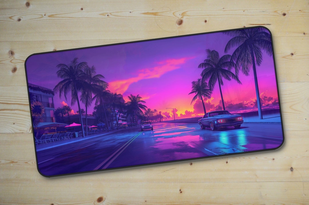 Neon Vaporwave Desk Mat 1980's Synthwave Miami Skyline XXL Gaming Mouse ...