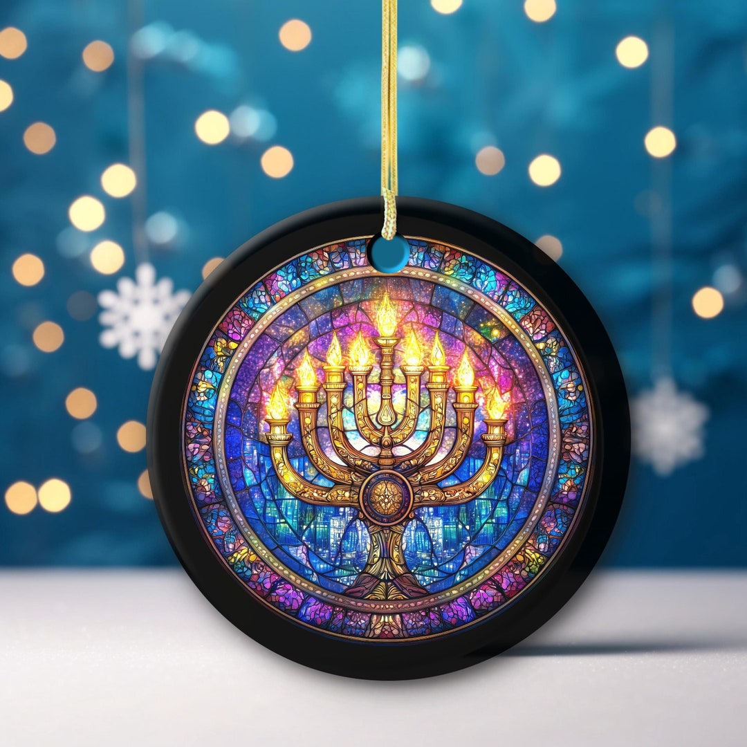 Beautiful Hanukkah Menorah Stained Glass Effect Ceramic Ornaments, Xmas ...