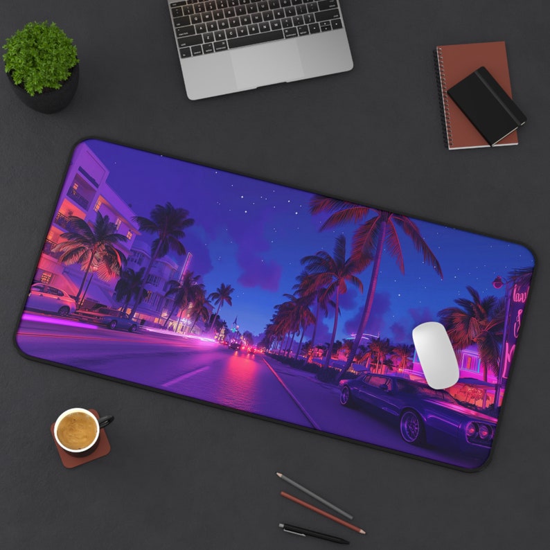 Vaporwave Neon Desk Mat 80's Synthwave XL Miami Futuristic City Street ...