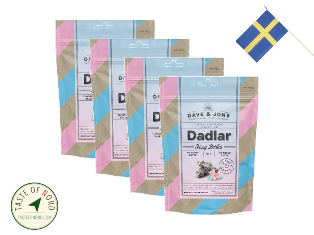 Dave and Jons Dadlar Fizzy Bottles 4x125g, Tangy & Sweet Fizzy Candy ...