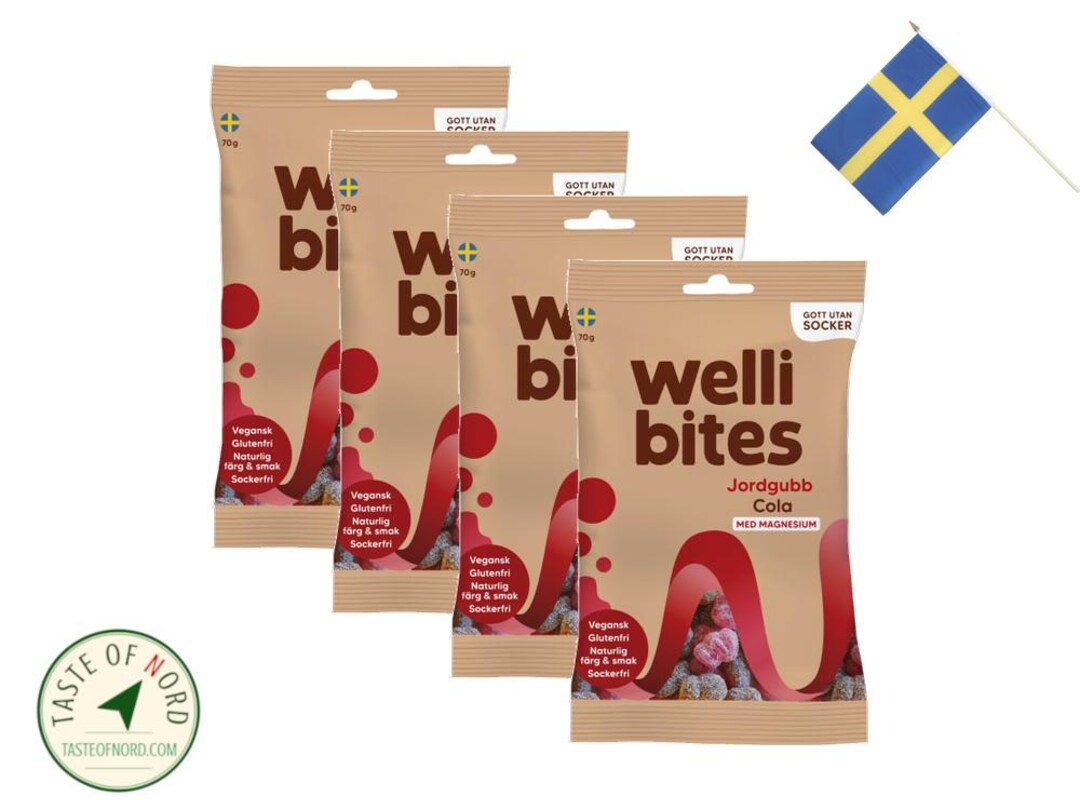 4x WELLIBITES Jordgubb Cola Sockerfri Vegan Gelatin Candy 70g ...