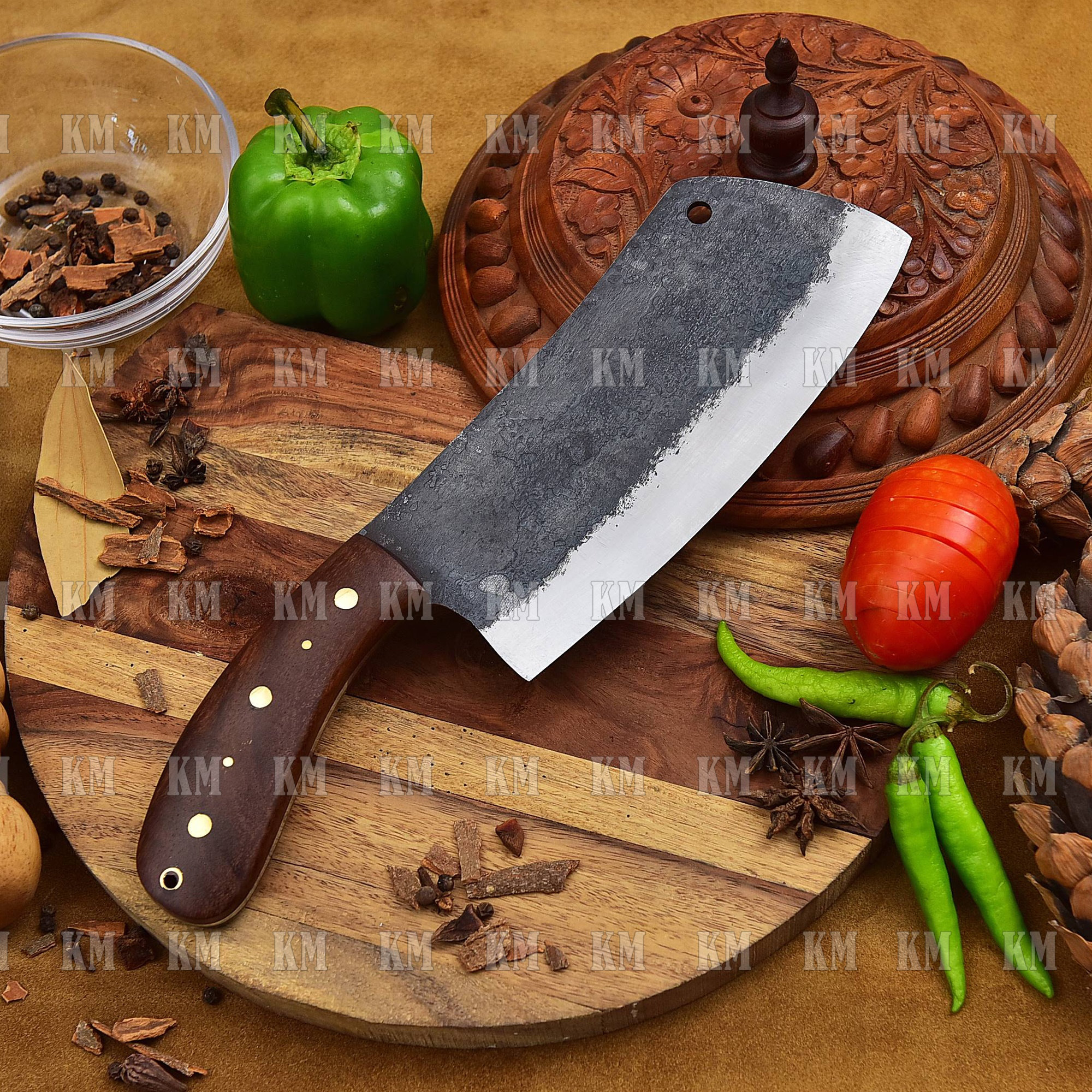 Curved Handle Full Tang Hand Forged Cleaver Kitchen Veggies Meat ...