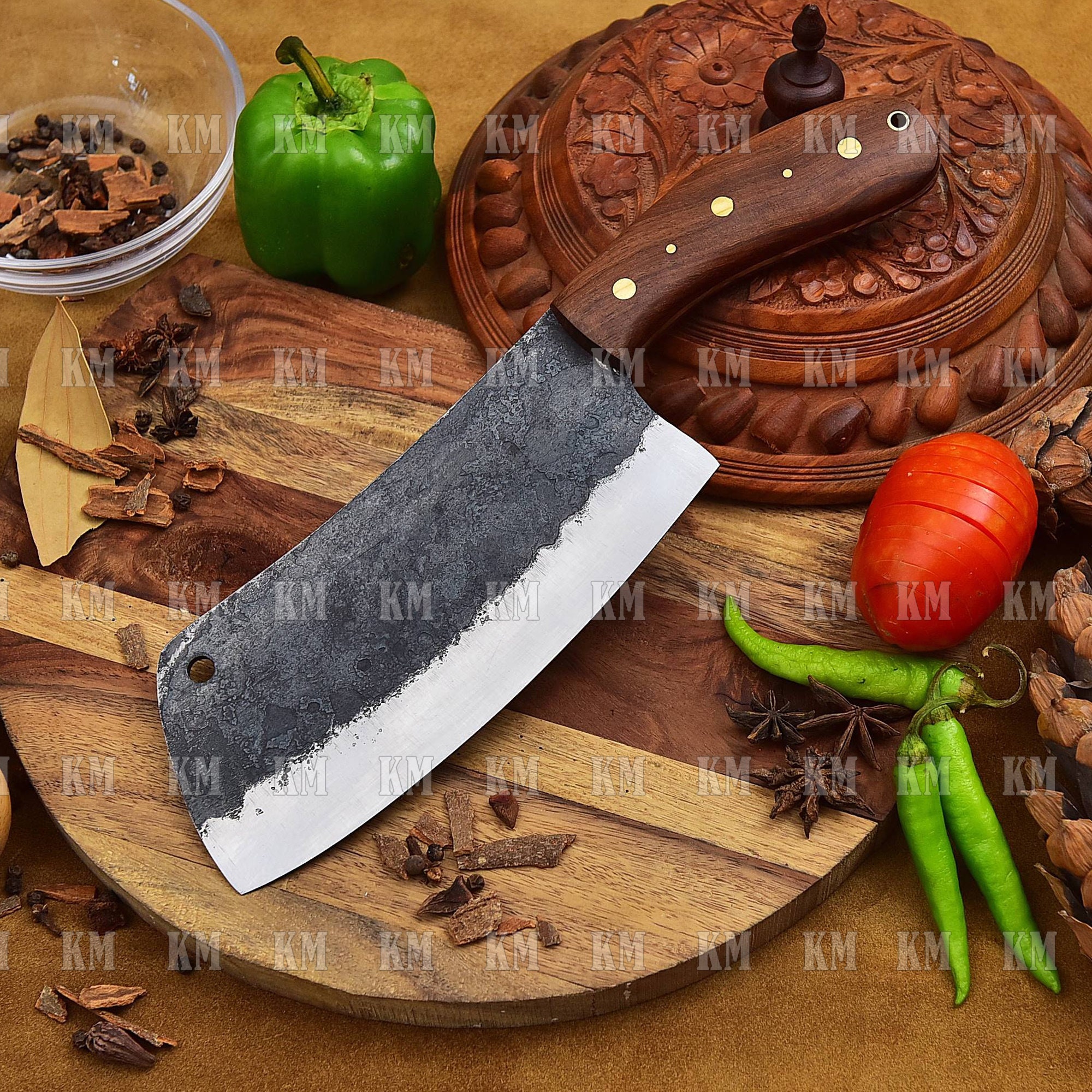 Curved Handle Full Tang Hand Forged Cleaver Kitchen Veggies Meat ...