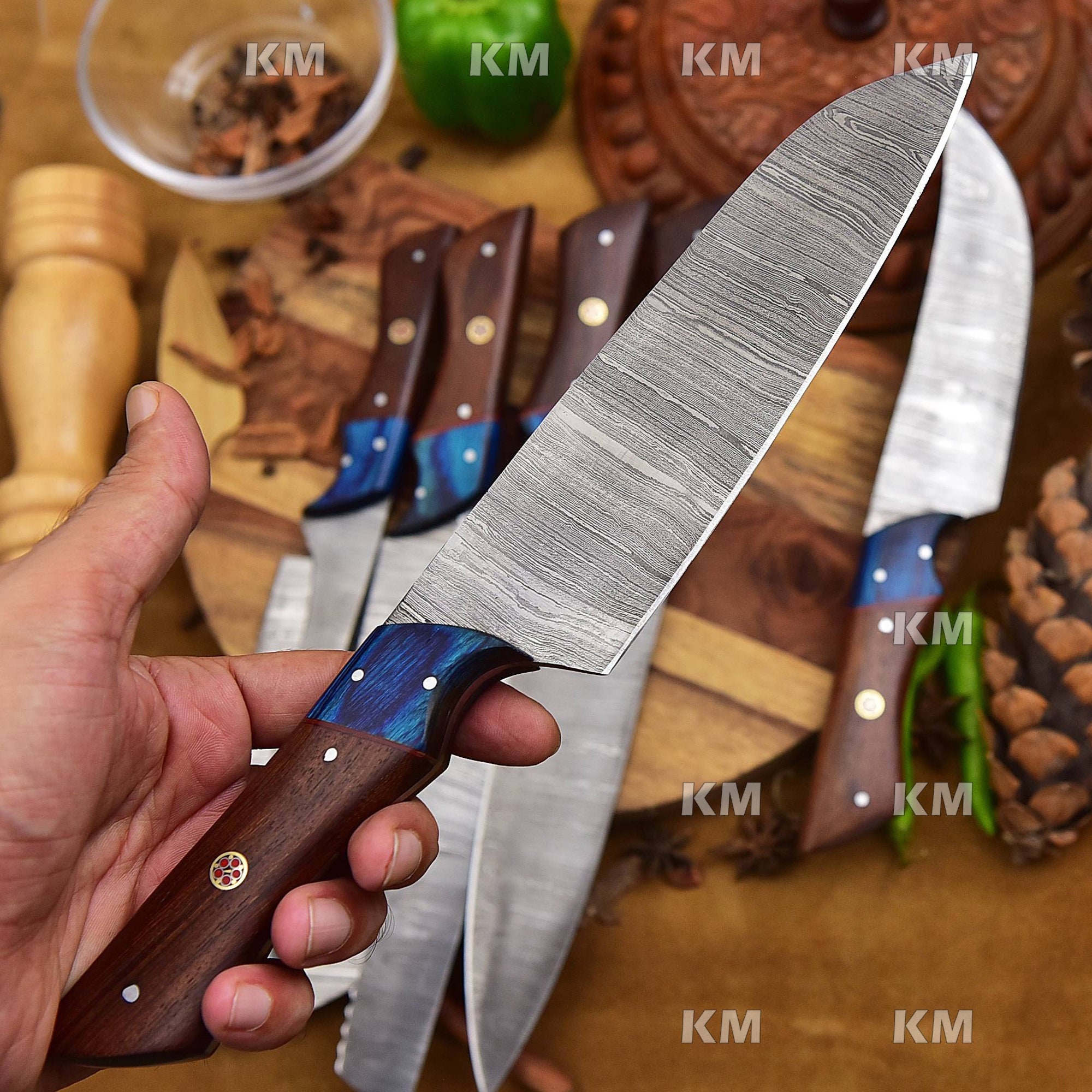 Damascus Steel Chef Knives Set Custom Handmade Kitchen Knives Birthday ...