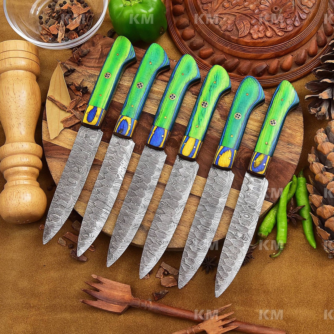 Damascus Steel Steak Knives Set 6 Pcs BBQ Grilling Knives Bride to Be ...