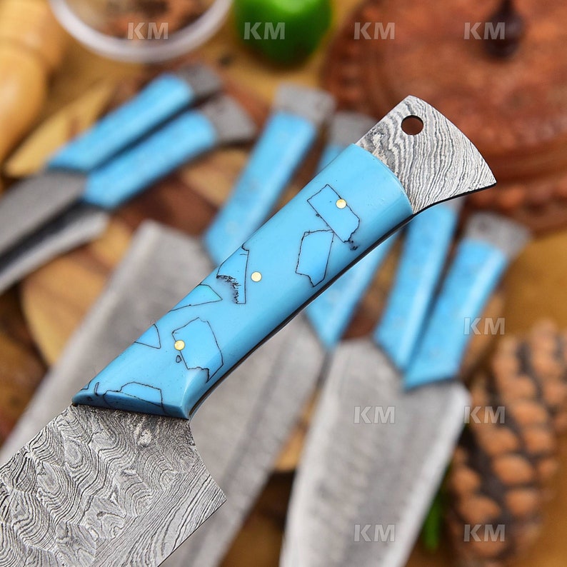 Turquoise Color Handle Damascus Steel Chef Knives Set 8 Pcs Full Tang ...