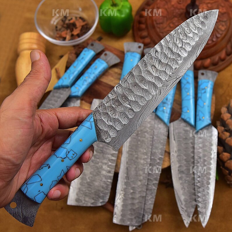 Turquoise Color Handle Damascus Steel Chef Knives Set 8 Pcs Full Tang ...