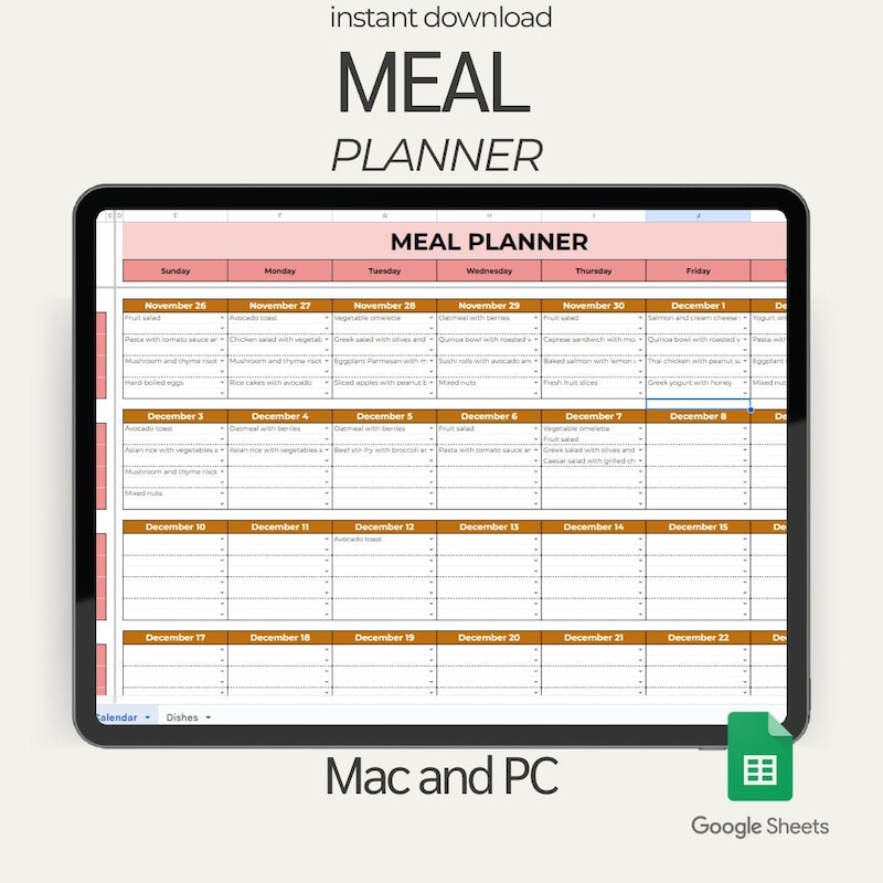 Excel Dinner Planner - Etsy