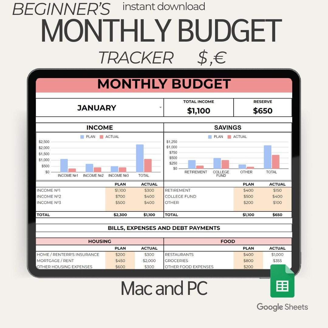 Monthly Budget Tracker | Financial Planner | Beginner's Monthly Budget ...