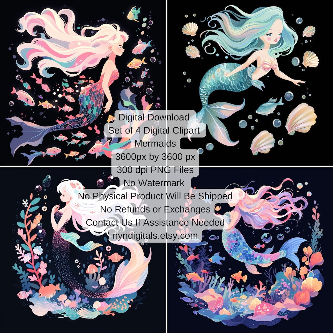 Mermaid Digital Clipart Set of 4 - Etsy