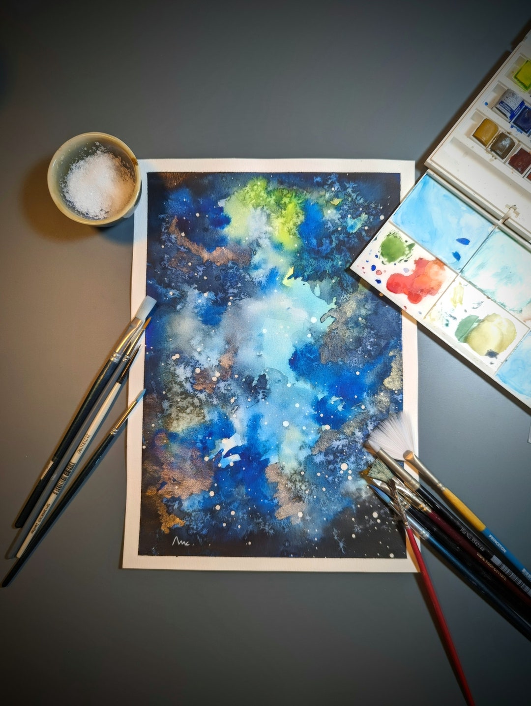Original Watercolour Painting A4 Nebula Blue/green With Golden Accents ...