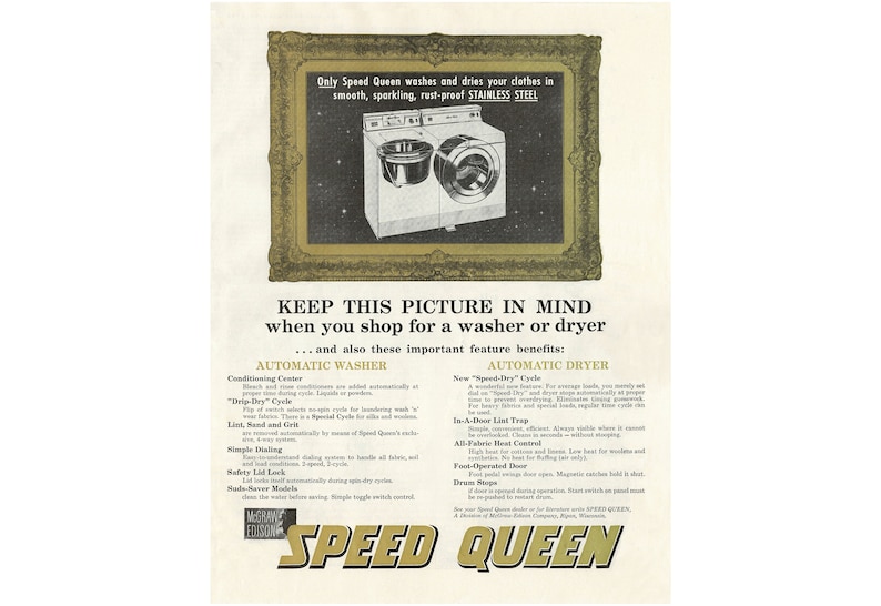 1960 Speed Queen Washer Ad - Vintage Magazine Print (digital Download ...