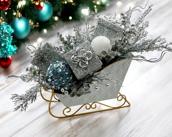 Christmas Sleigh Centerpiece, Holiday Decor, Elegant Blue Sleigh ...