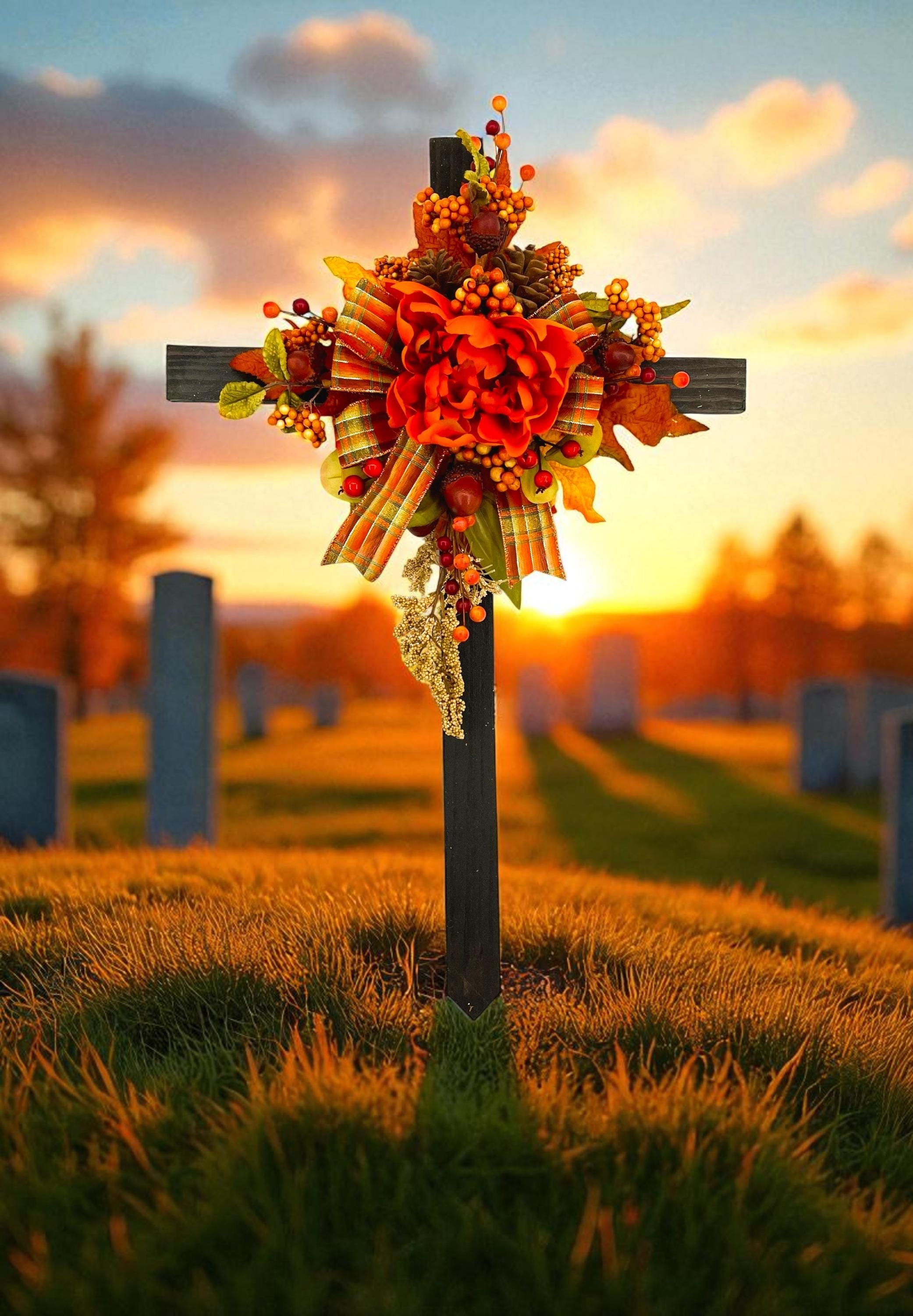 BESTSELLER Fall Cemetery Cross, Rustic Autumn Grave Flowers, Sympathy ...
