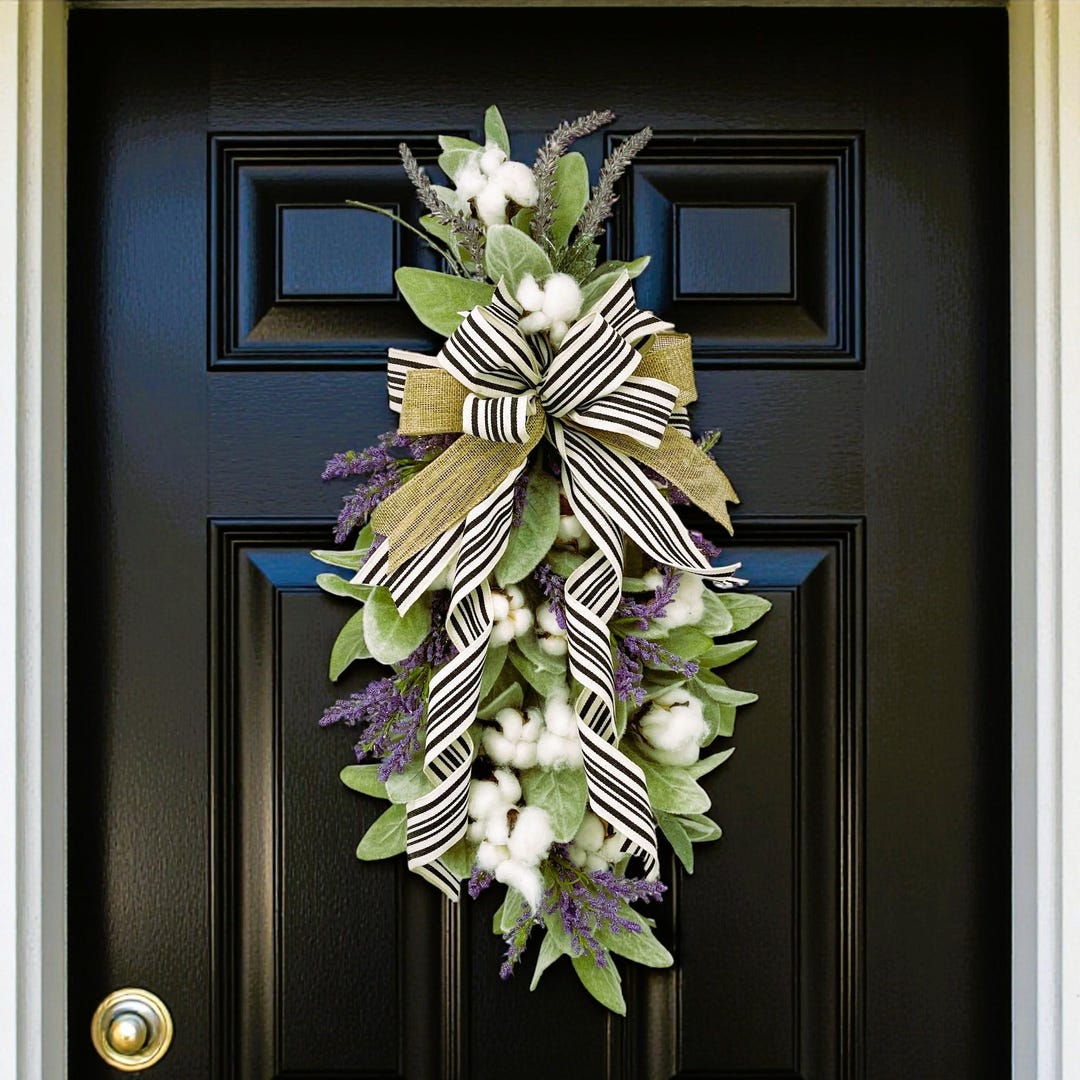 Lambs Ear Cotton Boll Swag, Farmhouse Summer Door Hanger, Rustic ...