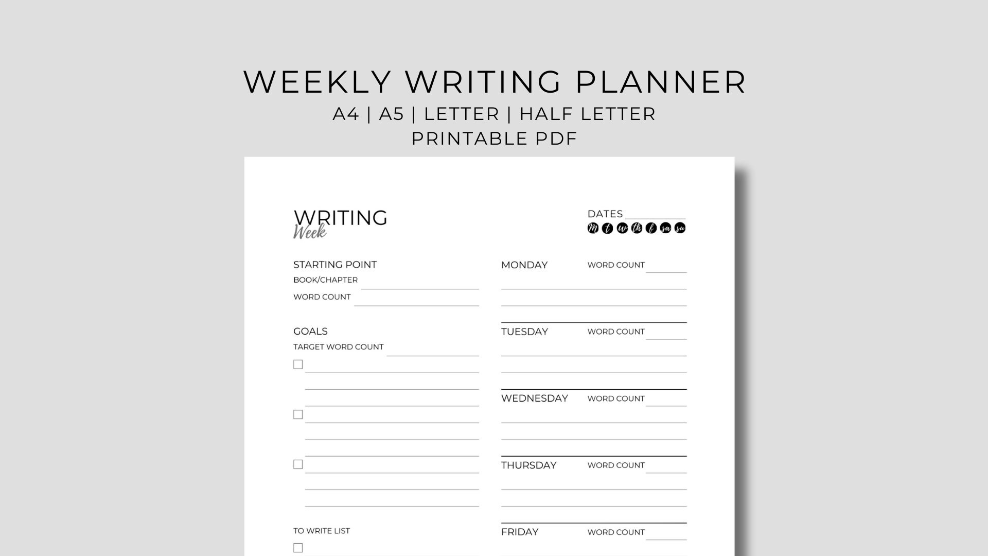 Weekly Writing Planner for Authors and Writers With to Write List, Word ...