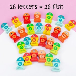 Wooden Fishing Game Set With Sticker Book: 26 Fish, 2 Poles, & Reusable ...