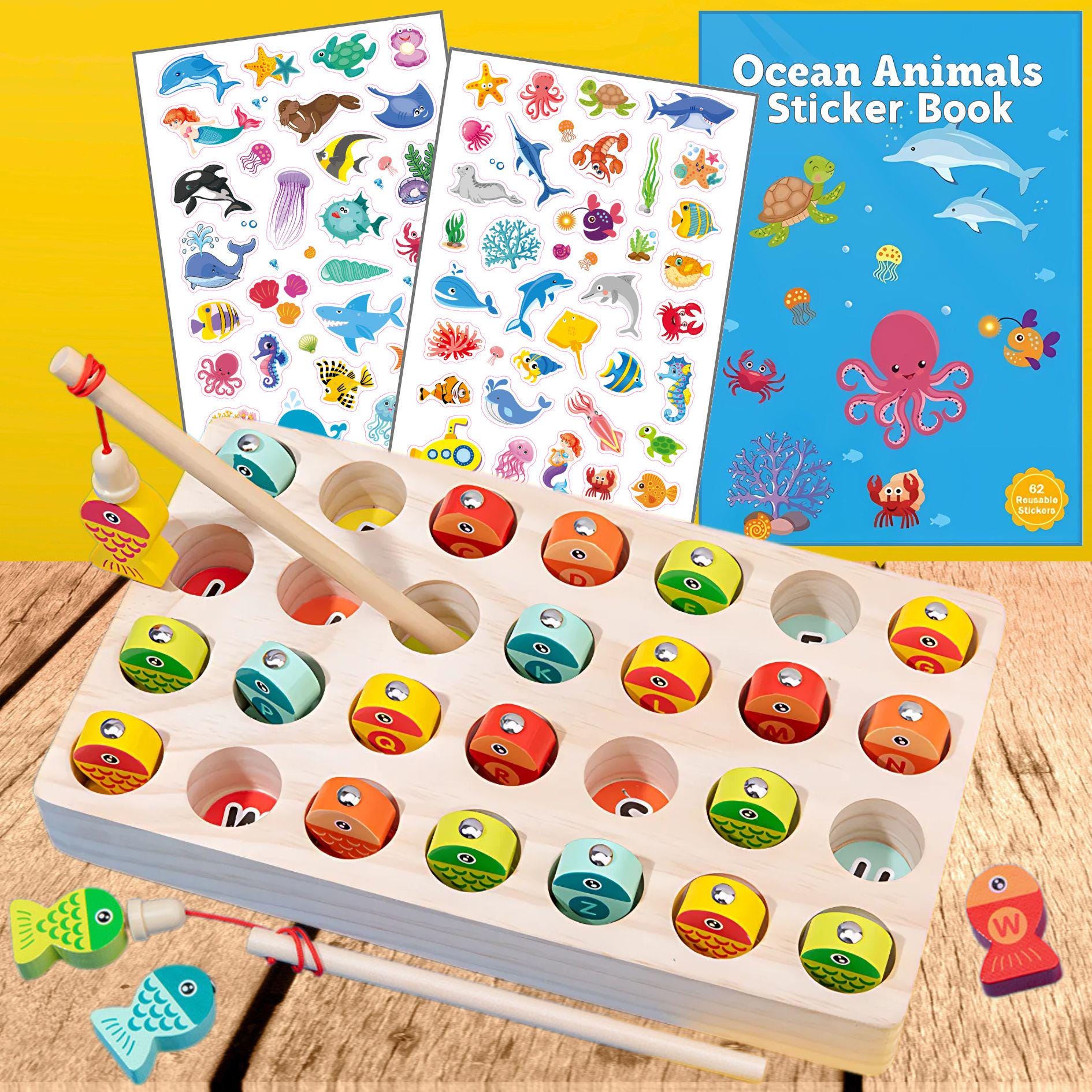 Wooden Fishing Game Set With Sticker Book: 26 Fish, 2 Poles, & Reusable ...