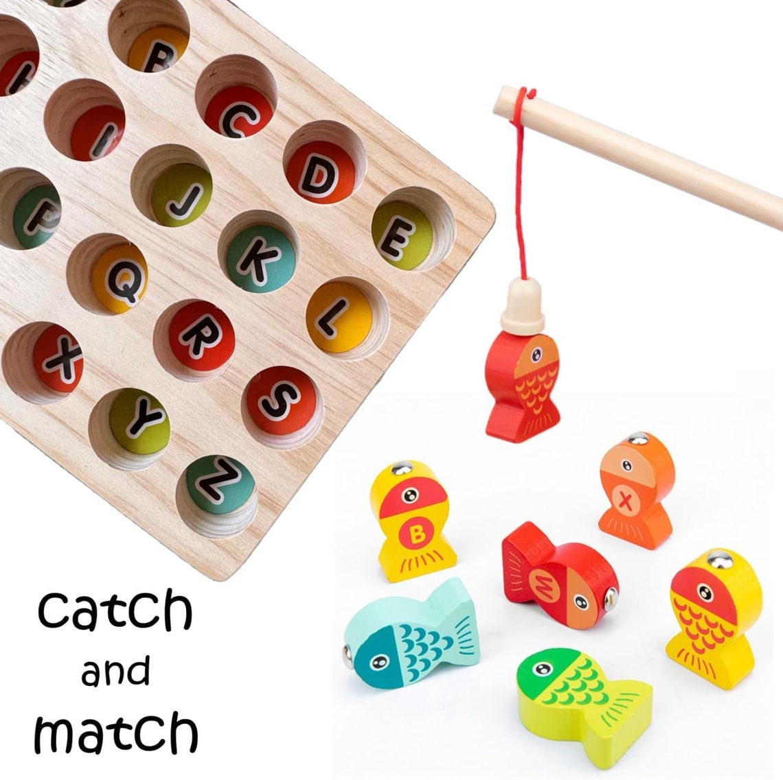 Wooden Fishing Game Set With Sticker Book: 26 Fish, 2 Poles, & Reusable ...