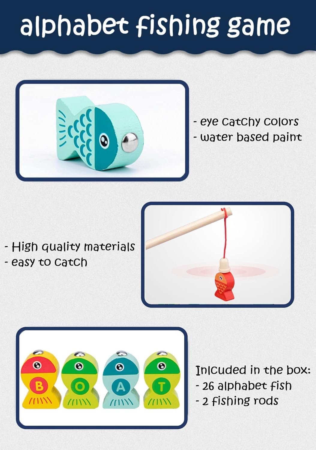 Wooden Fishing Game Set With Sticker Book: 26 Fish, 2 Poles, & Reusable ...