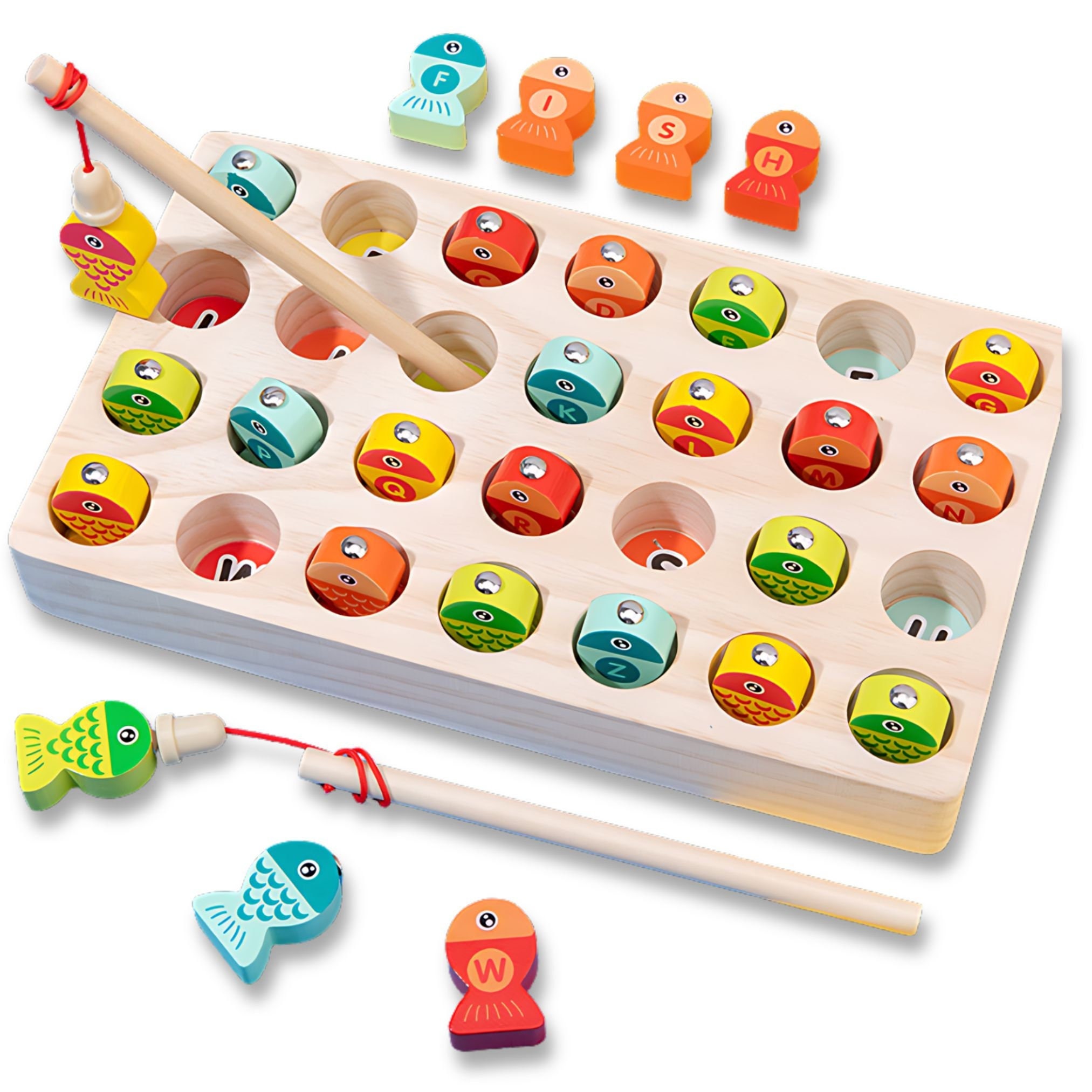 Wooden Fishing Game Set With Sticker Book: 26 Fish, 2 Poles, & Reusable ...