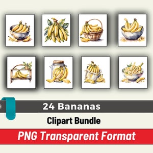 Banana Clipart, Watercolor Banana PNG Bundle, 24 PNG Banana Clipart ...