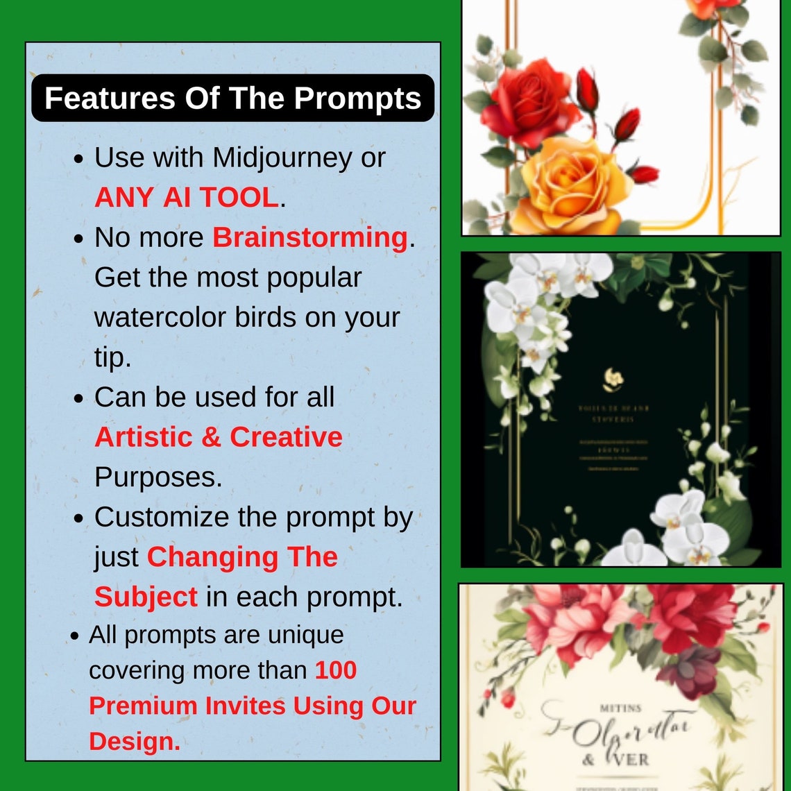 100 Midjourney Prompts for Invitation Card Premium Watercolor Floral ...