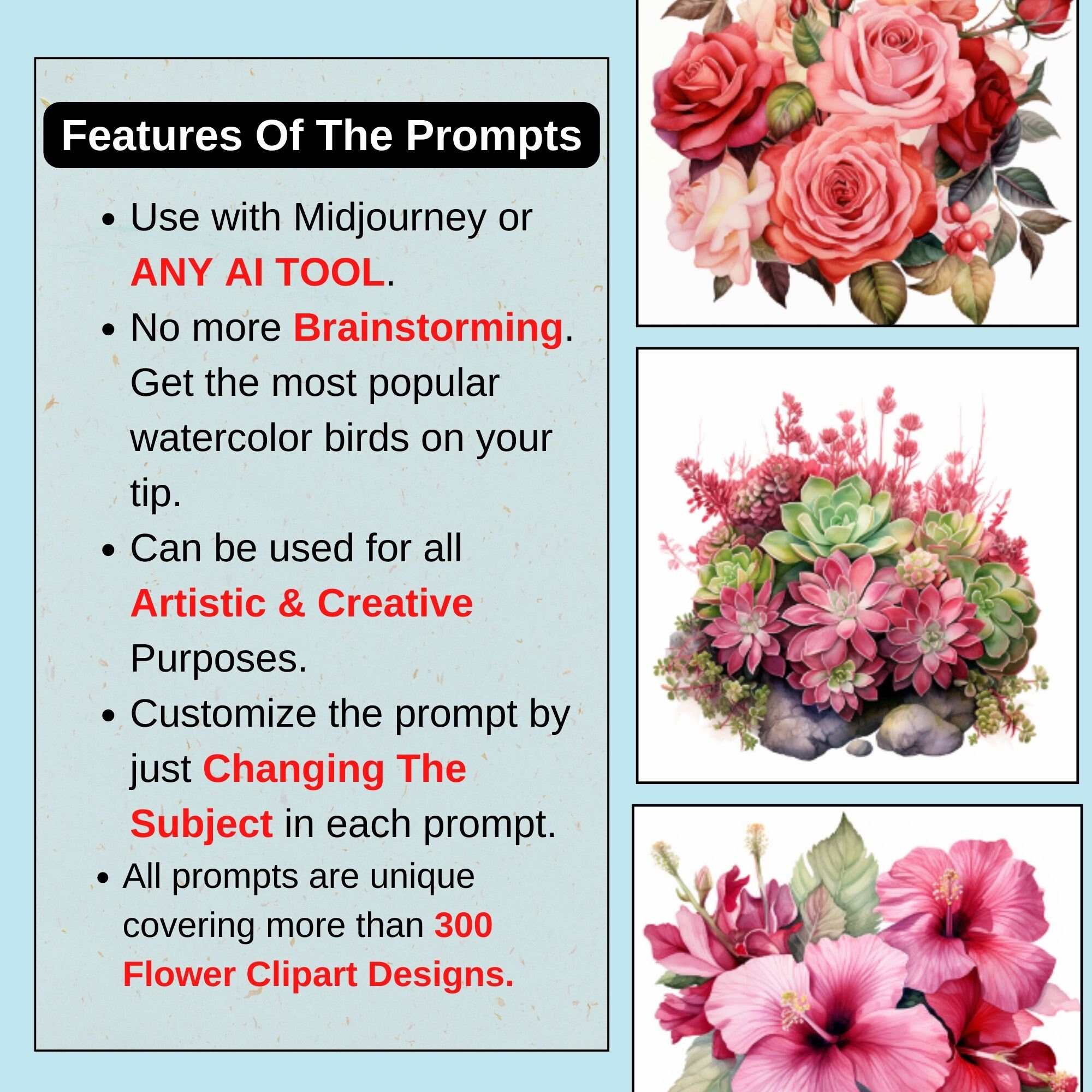 300 Midjourney Prompts Watercolor Flowers Premium Watercolor - Etsy