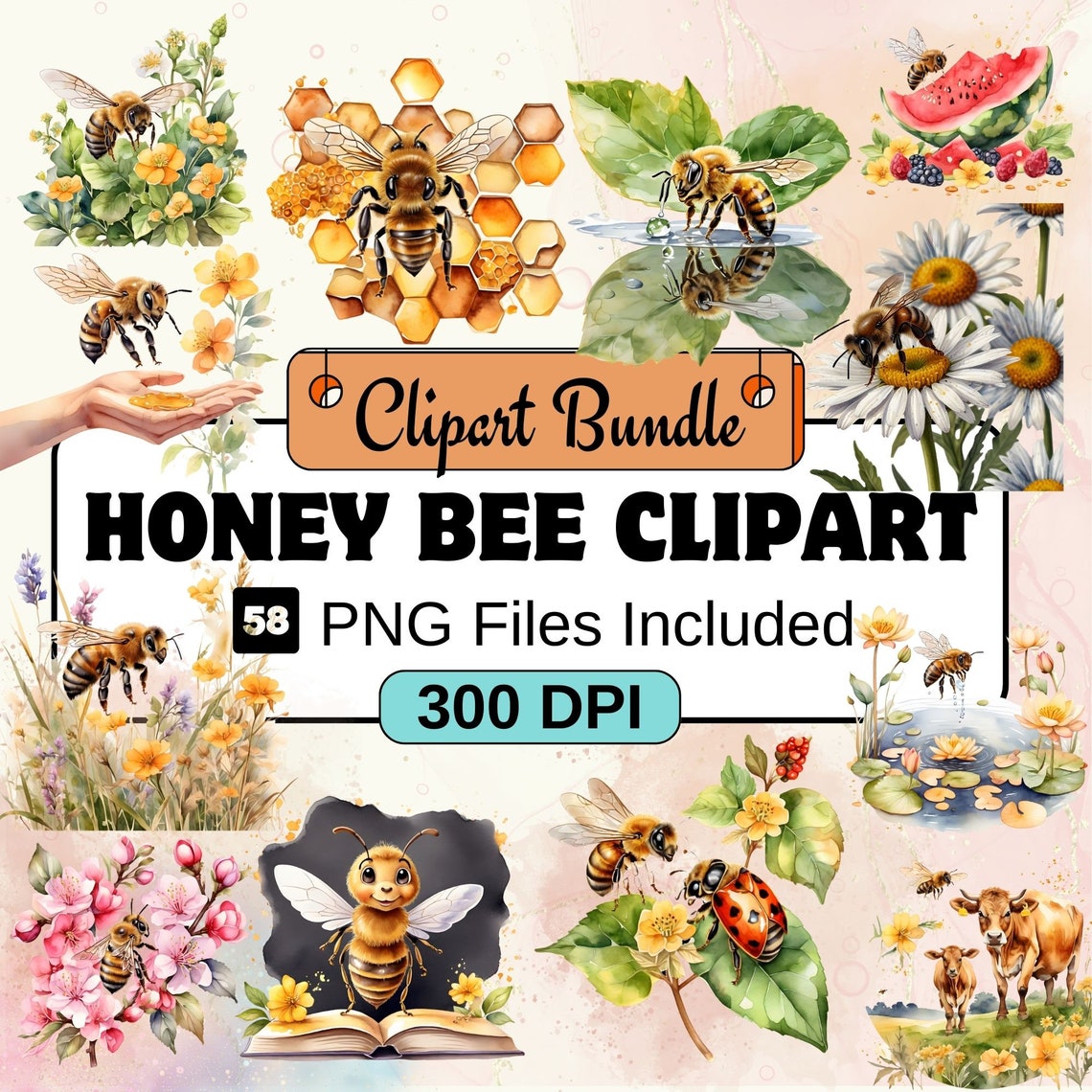 Honey Bee Clipart, Animal Clipart PNG Bundle, 24 PNG Honey Bee Clipart ...