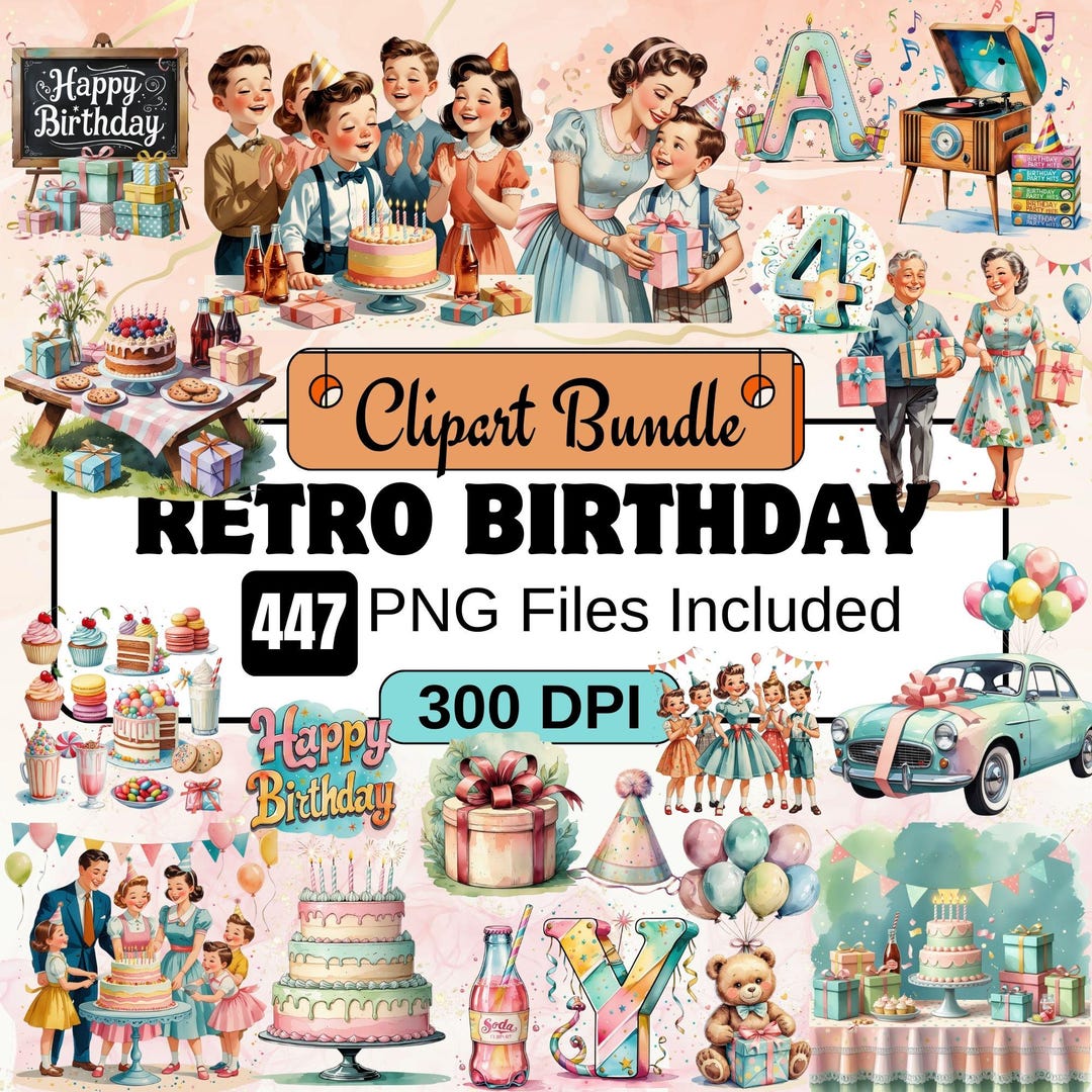 447 Retro Birthday Clipart Bundle Png,groovy Birthday Png,70s,80s ...