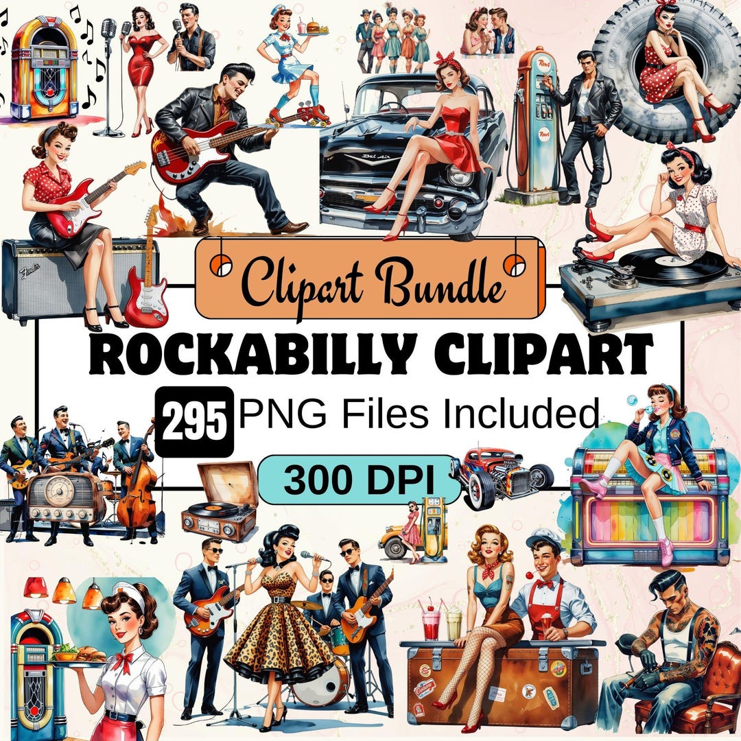 295 Rockabilly Clipart,retro Music Illustrations,old School Vintage Art ...