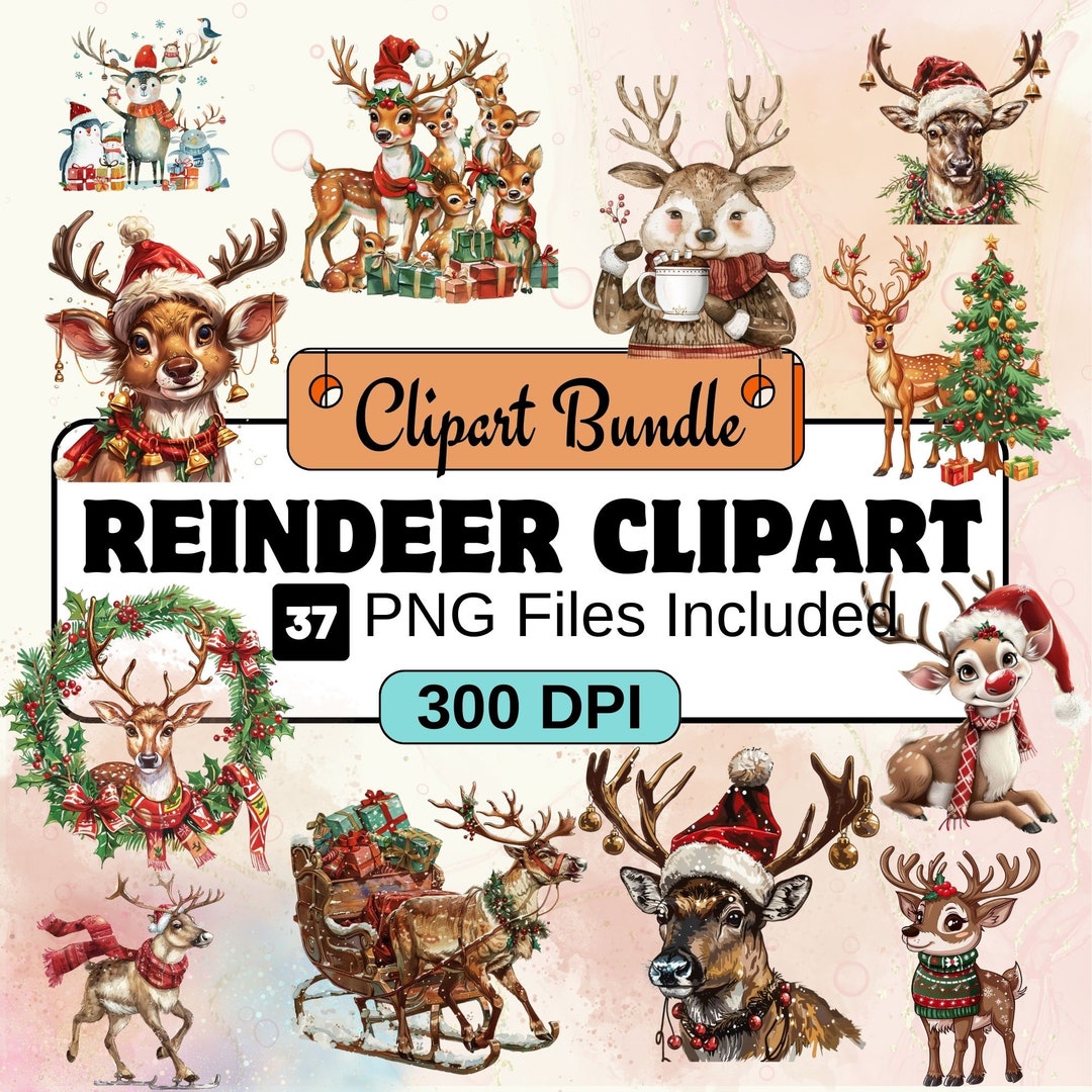 Reindeer Clipart, Christmas Clipart PNG Bundle, 37 PNG Reindeer Clipart ...