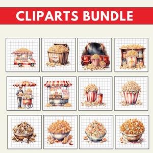 Popcorn Clipart, Watercolor Popcornt PNG Bundle, 24 Popcorn Clipart ...