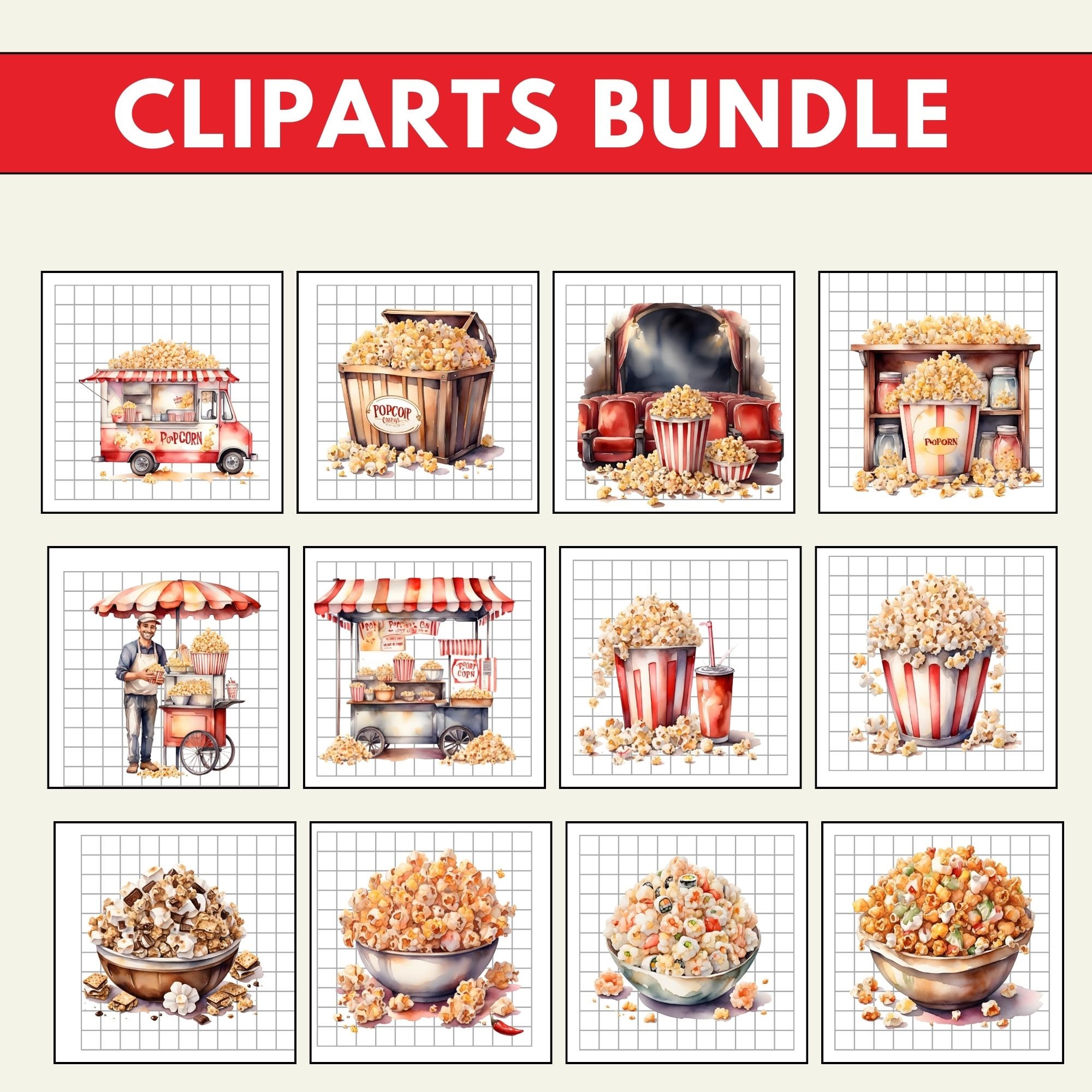 Popcorn Clipart, Watercolor Popcornt PNG Bundle, 24 Popcorn Clipart ...