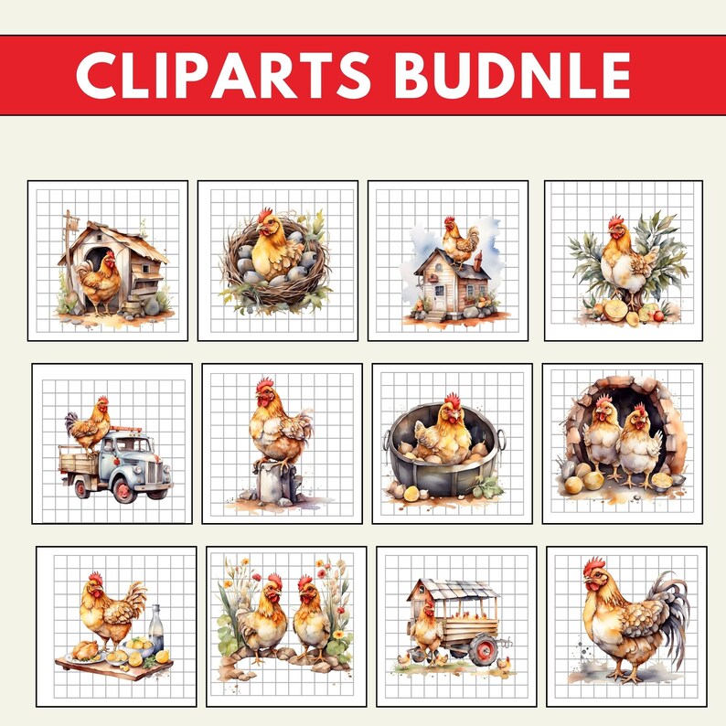Chicken Clipart, Watercolor Chicken PNG Bundle, 24 PNG Farm Animals ...