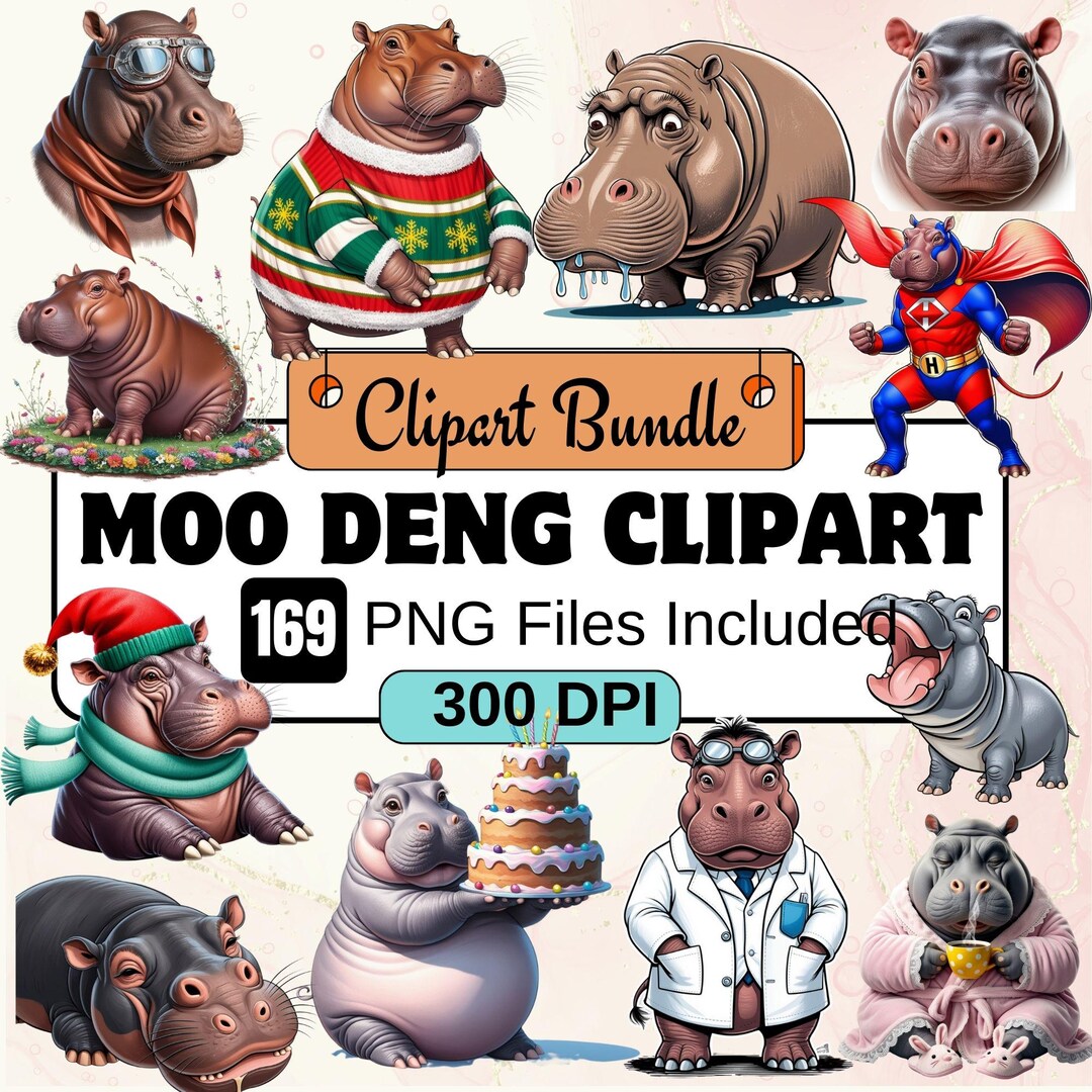 Moo Deng PNG, Baby Pygmy Hippo Clipart PNG Bundle, 169 PNG Moo Deng ...