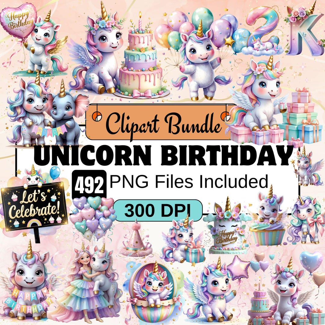 465 Unicorn Birthday Clipart Bundle Png,watercolor Unicorn Birthday Png ...