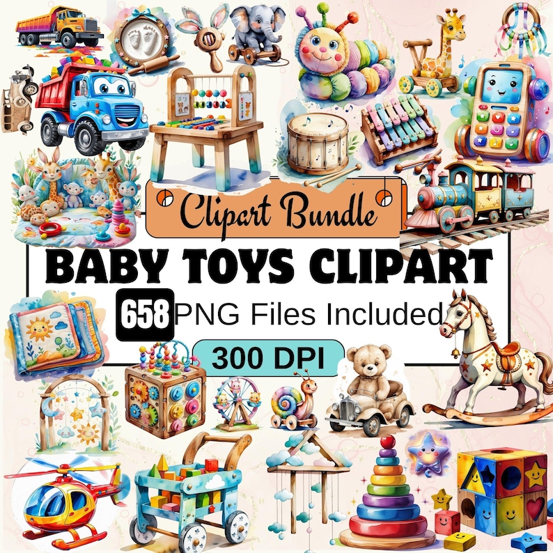658 Baby Toys Clipart, Watercolor Nursery Clipart PNG Bundle, Cute ...